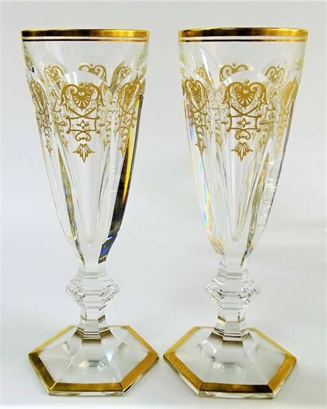 14 Baccarat Gold Etched Crystal Champagne Flutes