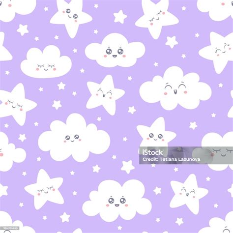 원활한 보라색 웃는 별과 구름 패턴 아기 잠 옷 직물에 대 한 행복 한 자 스타 하늘 미소 벡터 배경 0명에 대한 스톡 벡터