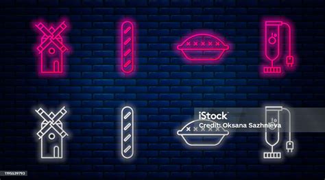 세트 라인 프렌치 바게트 빵 수제 파이 풍차 및 블렌더 벽돌 벽에 빛나는 네온 아이콘입니다 벡터 0명에 대한 스톡 벡터 아트 및