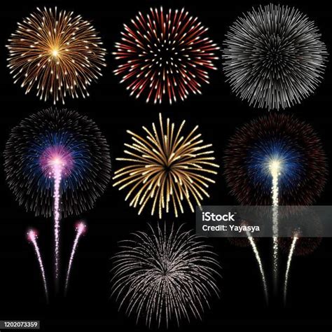 검은 배경 그림에 고립 된 불꽃 놀이의 큰 세트 7월에 대한 스톡 벡터 아트 및 기타 이미지 7월 Pyrotechnic