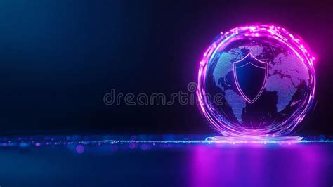 Digital Globe With Shield Symbol Glowing In Vibrant Pink And Blue Hues Represents