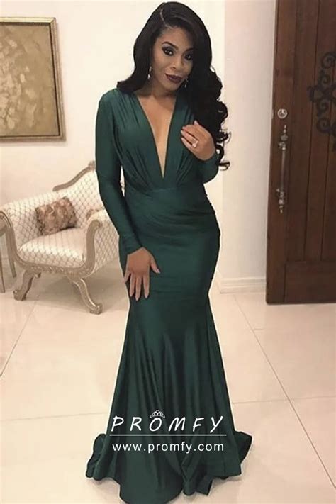 Emerald Green Spandex Long Sleeve Mermaid African American Prom Dress