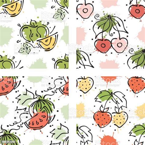 벡터 과일 완벽 한 패턴입니다 수 박 사과 딸기 체리와 나뭇잎 지우고 스플래시 손으로 그린 등고선과 뇌졸중 낙서 스케치 스타일 그래픽 벡터 그림 그리기 건강한 식생활에 대한