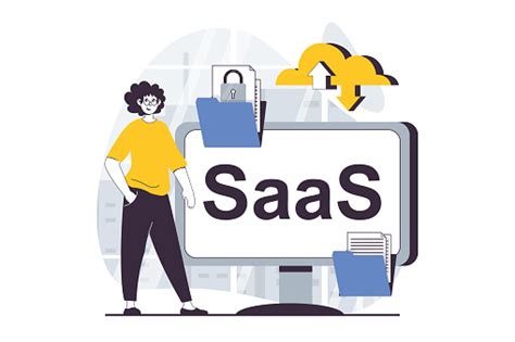 웹을 위한 플랫 디자인에서 사람 장면이 있는 Saas 개념입니다 디지털 문서로 작업하고 온라인으로 가제트 간에 액세스를 공유하는