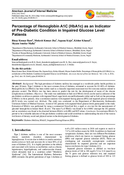 Pdf Percentage Of Hemoglobin A1c Hba1c As An Indicator Of Pre