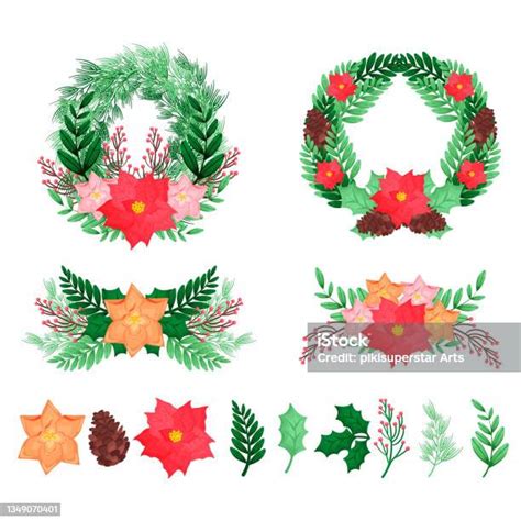 Ilustrasi Desain Vektor Koleksi Karangan Bunga Natal Digambar Tangan