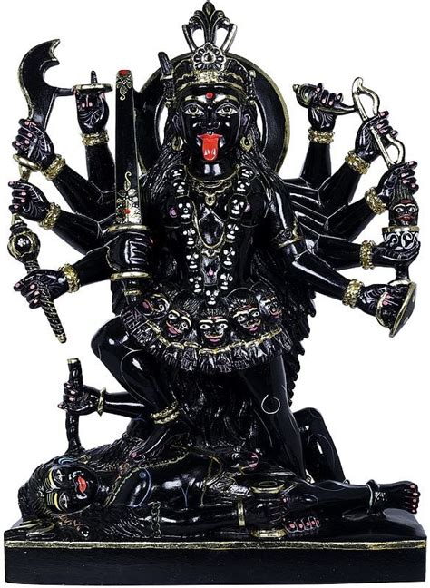 Devi Mahakali Wields Multiple Weapons Black Marble Statue Exotic India Art