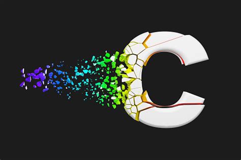 부서진된 무지개 빛깔의 알파벳 문자 C 깨진 대문자 짓 눌린된 화이트 고 레인 보우 폰트입니다 3d 렌더링에 고립 된 회색 배경