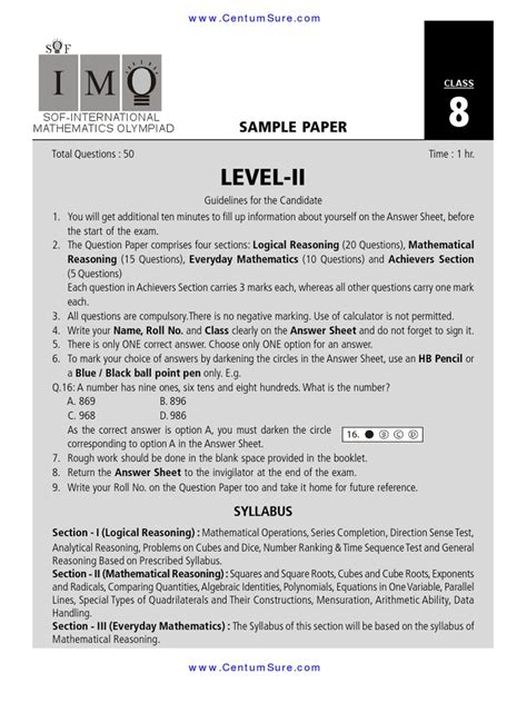 Class 8 Imo 2 Pdf Test Assessment Mathematical Concepts