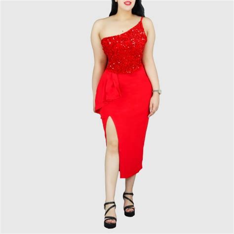 Buy Sexy Sequin Off Shoulder Split Party Dress Red Fashion
