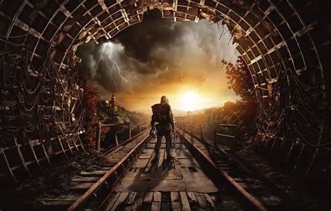 Обои дорога тучи метро молния рельсы арт церковь сталкер Metro