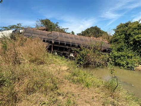 Caminhão cai de ponte e gado morre durante acidente na zona rural de
