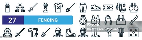 물병 경쟁 Epee 신발 가슴 가드 호일 펜싱 마스크 웹 디자인 모바일 앱을위한 대상 벡터 얇은 선 아이콘과 같은 27 개의