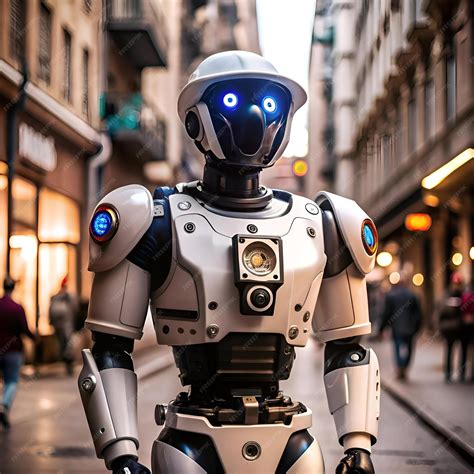 Futuristic Robot Security Guard Patrolling A City Street Showcasing The Future Of Public Safety