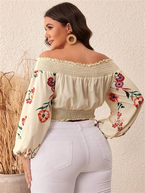 SHEIN VCAY Plus Floral Print Off Shoulder Lantern Sleeve Blouse SHEIN USA