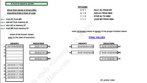 a word is equal to 10 bits opcodes 0 0 1 0 1 0 1 1 0