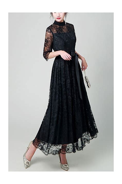 Black Lace Turtle Neck Maxi Party Dress With Sash 639792 S1829