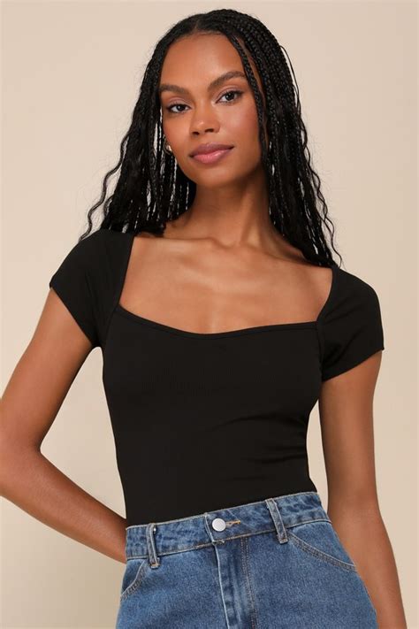 Black Short Sleeve Top Ribbed Knit Top Cap Sleeve Top Lulus
