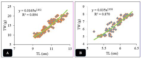 Relationship Between The Total Length And Body Weight A Females And B Download Scientific