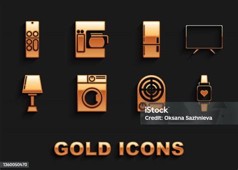 세트 와셔 스마트 Tv 심장 박동 속도 전기 히터 테이블 램프 냉장고 원격 제어 및 유리 냄비 아이콘커피 기계를 보여주는 시계 벡터 가사 집안일에 대한 스톡 벡터 아트 및