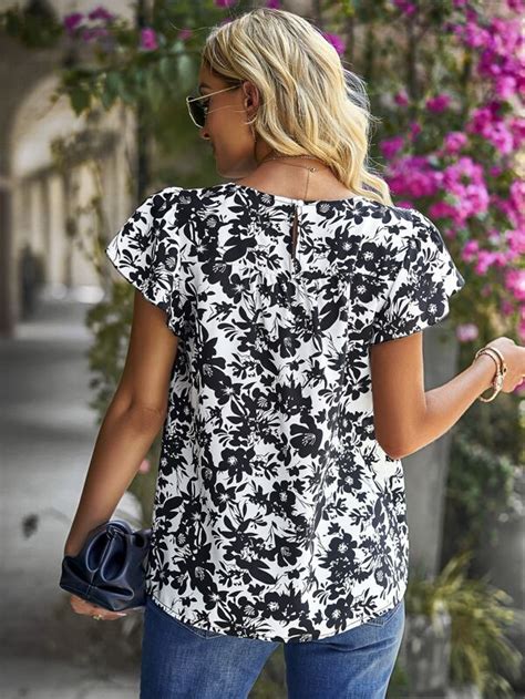 Shein Lune Floral Print Guipure Lace Insert Petal Sleeve Blouse Shein Usa