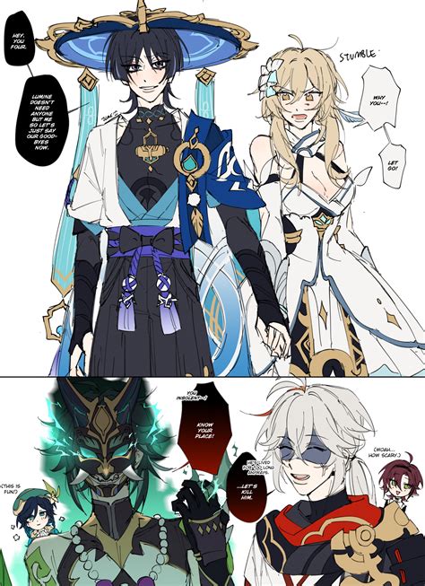 lumine venti xiao scaramouche kaedehara kazuha and 2 more genshin impact drawn by