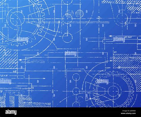 Grungy Technical Blueprint Illustration On Blue Background Stock Vector