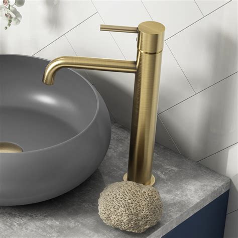 Arezzo Round Brushed Brass High Rise Mono Basin Mixer Tap Victorian Plumbing Uk