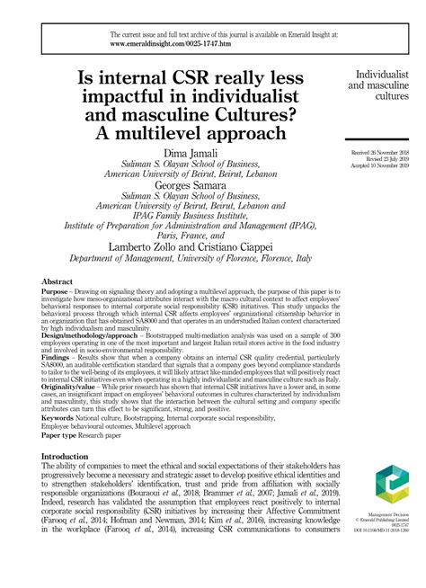 PDF Is Internal CSR Really Less Impactful In Individualist And Masculine Cultures A