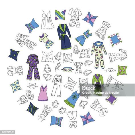 재미있는 잠옷과 잠옷 베개 및 화실이 원형 구성으로 배열되어 있습니다 선형 낙서 스타일로 손으로 그린 요소의 벡터 일러스트레이션 0명에 대한 스톡 벡터 아트 및 기타 이미지