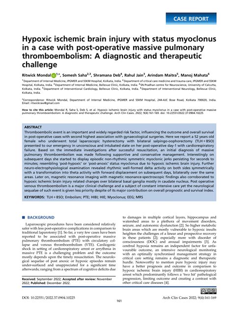 Pdf Hypoxic Ischemic Brain Injury With Status Myoclonus In A Case