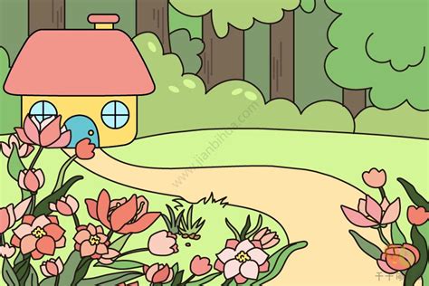 森林房子花草小河简笔画 简笔画图片大全 普车都