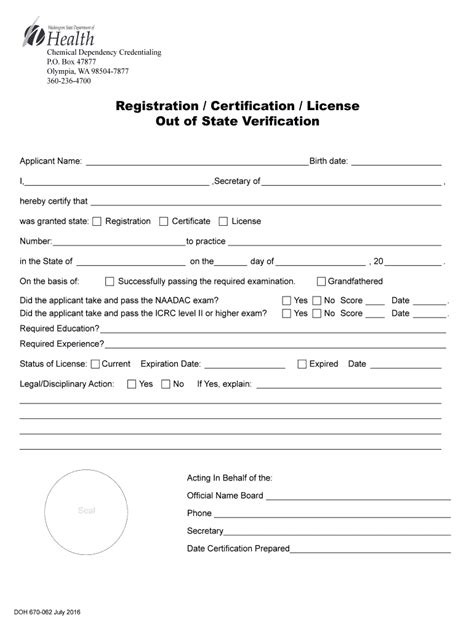 Fillable Online Doh Wa Chemical Dependency Professional Out Of State