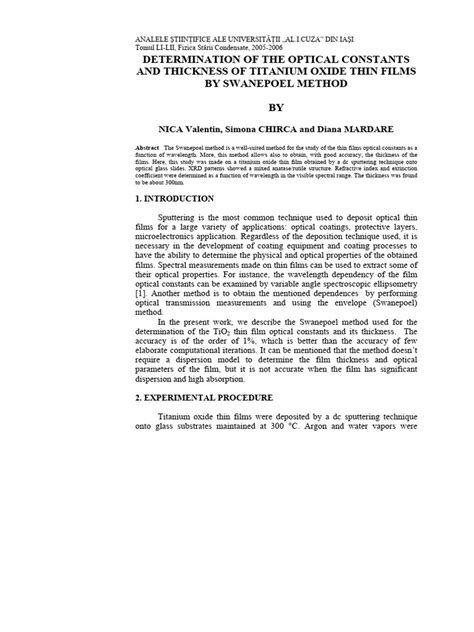 Determination Of The Optical Constants And Thickness Of Titanium Oxide Thin Films By Swanepoel