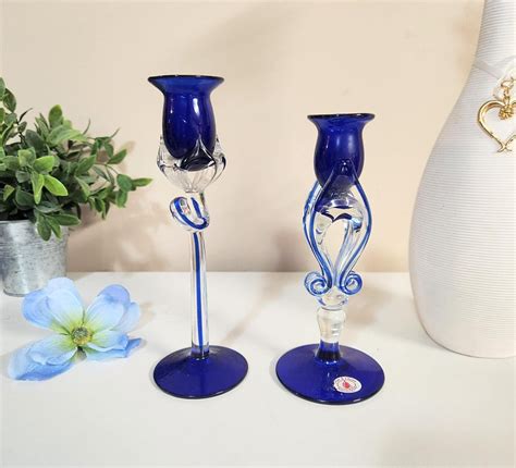 Vintage Hand Blown Cobalt Blue Candle Stick Holder Hand Crafted Folded