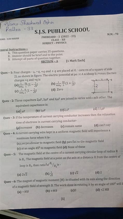 Ques 4 A Current Carrying Wire Kept In A Uniform Magnetic Field Will E