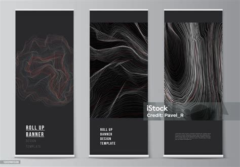 롤업 배너 스탠드 수직 전단지 플래그 디자인 비즈니스 템플릿의 편집 가능한 레이아웃의 벡터 그림 3d 그리드 표면 파급 효과가