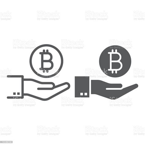 손 선 및 문자 모양 아이콘 금융 및 돈 지불 기호에 Bitcoin 벡터 그래픽 흰색 배경 Eps 10에 선형 패턴 가상현실에