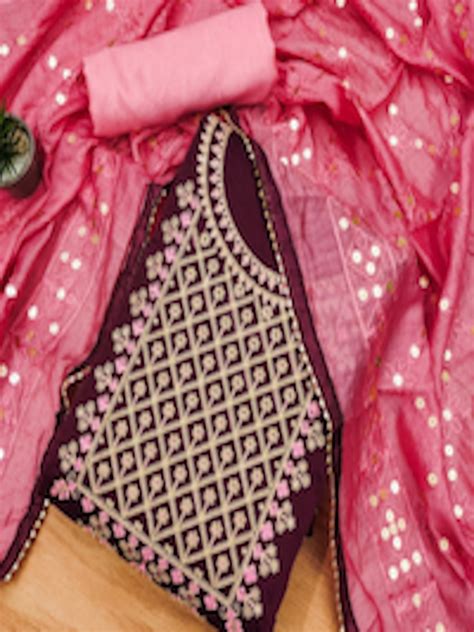Buy Panzora Purple Embroidered Art Silk Unstitched Dress Material