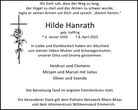 Alle Traueranzeigen Für Hilde Hanrath Trauerrp Onlinede