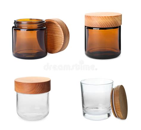 Collage Of Glass Jars With Wooden Lids Isolated On White Stock Image