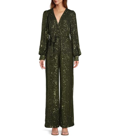 Skies Are Blue Sequin Wrap Tie V Neck Long Sleeve Wide Leg Jumpsuit
