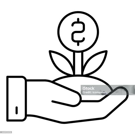 달러 동전 꽃 손에 얇은 선 아이콘 은행 계좌 개념 벡터 그래픽입니다 예금 케이스 성장 기호는 흰색 배경 스타일 모바일 또는 디자인에 있습니다 검은색에 대한 스톡 벡터 아트