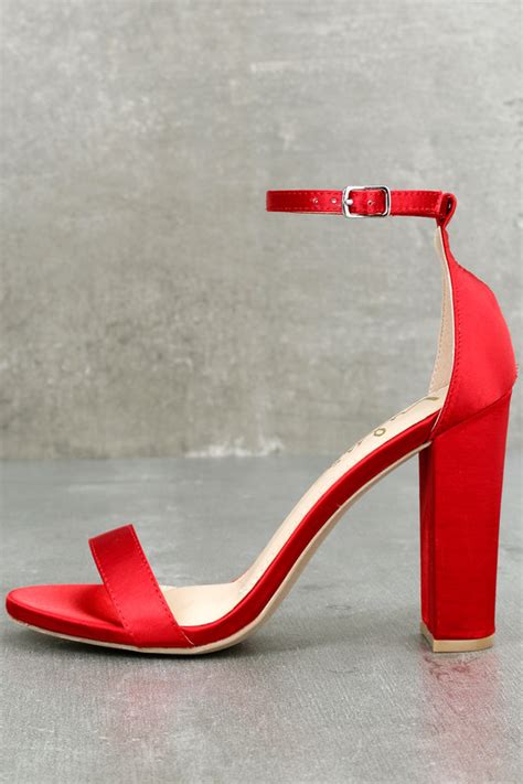 Sexy Red Satin Heels Ankle Strap Heels Single Sole Heels