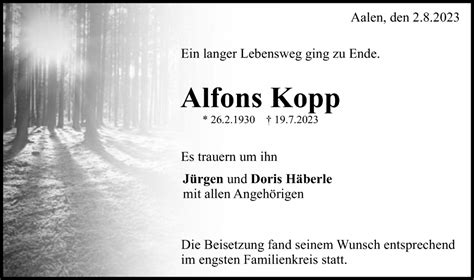 Traueranzeigen Von Alfons Kopp Ostalbtrauer