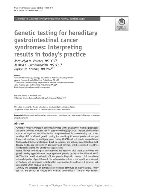 Genetic Testing For Hereditary Gastrointestinal Cancer Syndromes