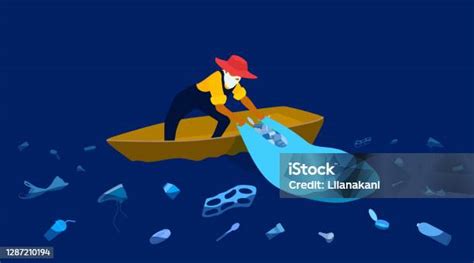 어부는 그물망으로 만 쓰레기를 잡는다 수질 오염 생태 문제 물고기 멸종 어부 낚시 플라스틱 쓰레기 낚시그물에 대한 스톡 벡터 아트 및 기타 이미지 Istock