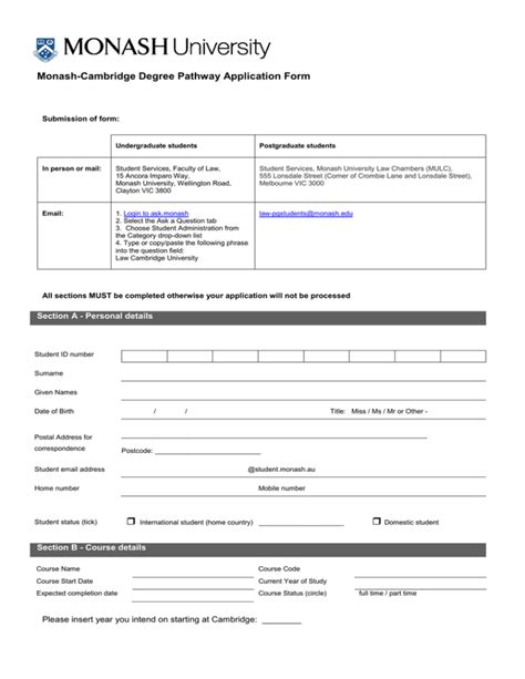 Monash Cambridge Degree Pathway Application Form