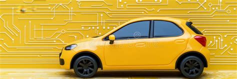 Yellow Car On Circuit Board Background Ride Hailing Connectivity