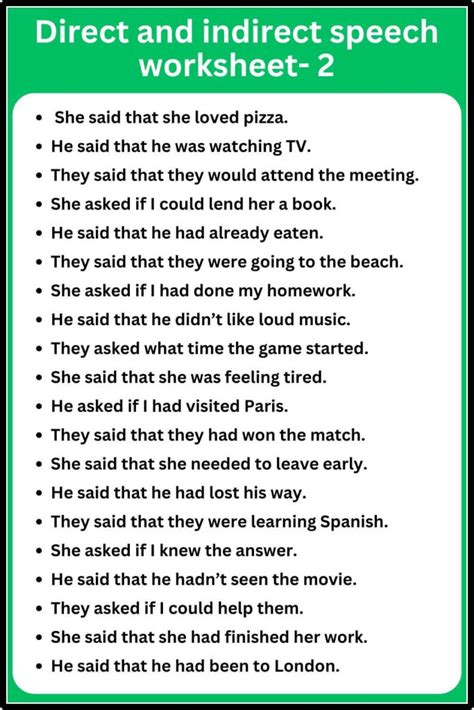 Direct And Indirect Speech Worksheet